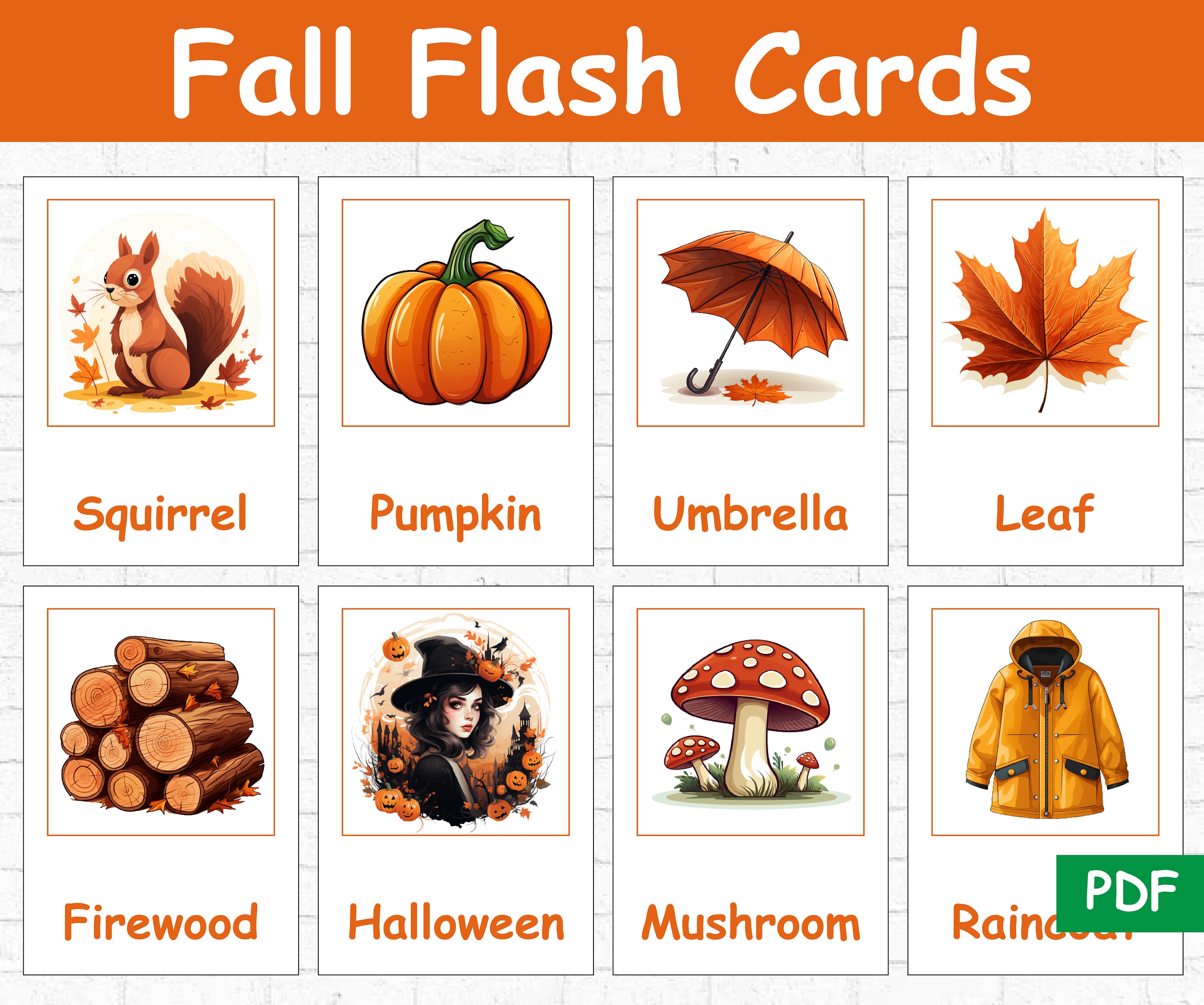 30 Fall Flashcards for Kids, Autumn-themed Vocabulary Cards, Seasonal ...