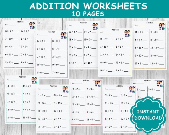 10 Printable Addition Worksheets Preschool-2nd Grade Math - Etsy