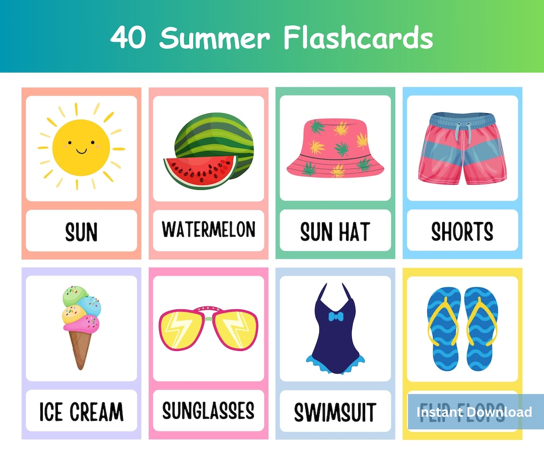 40 Summer Flashcards for Kids, Summer Vocabulary, Fun Learning for ...
