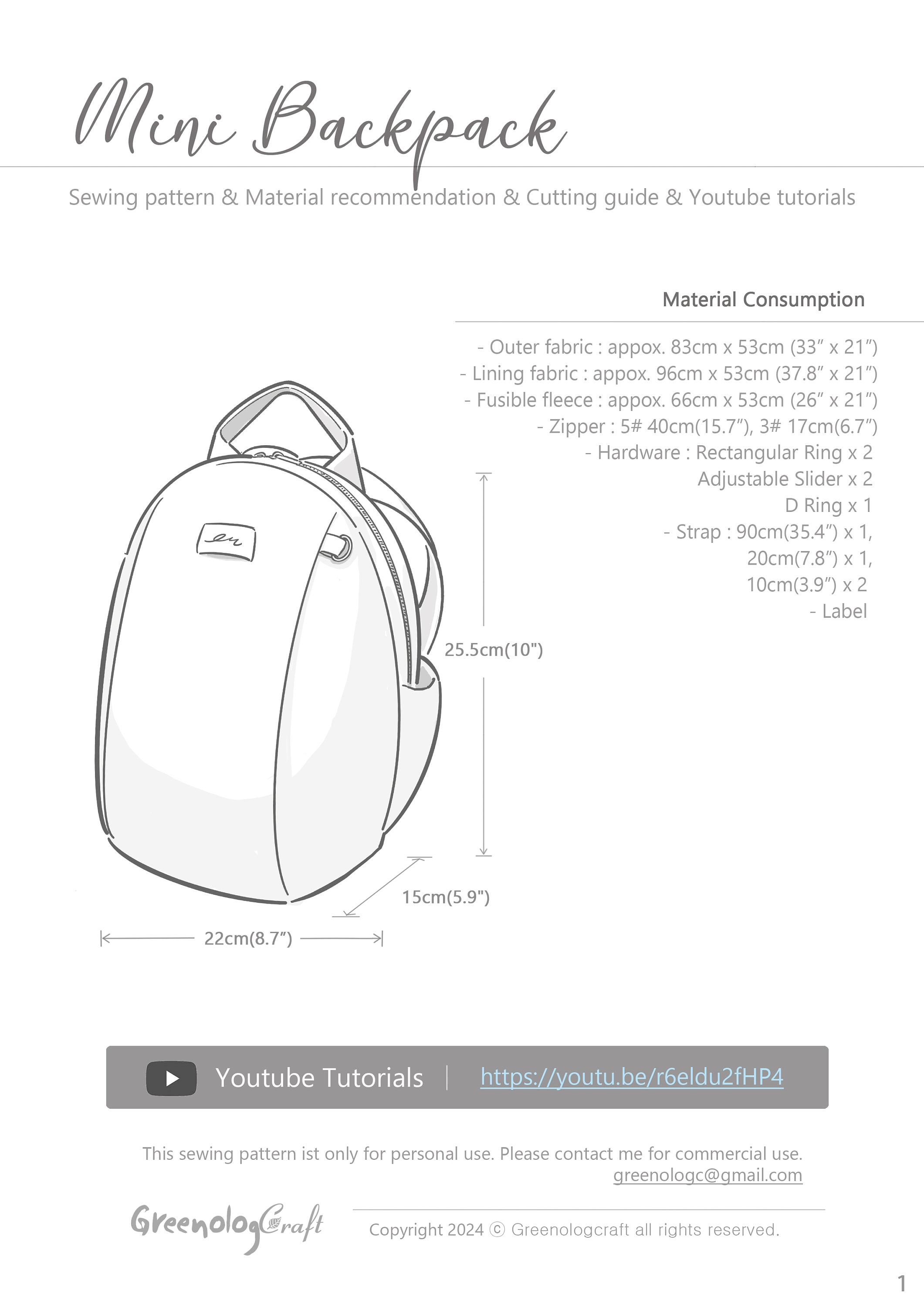 Mini Backpack Sewing Pattern, PDF Digital Sewing Pattern With Youtube Tutorial Corduroy Backpack ...