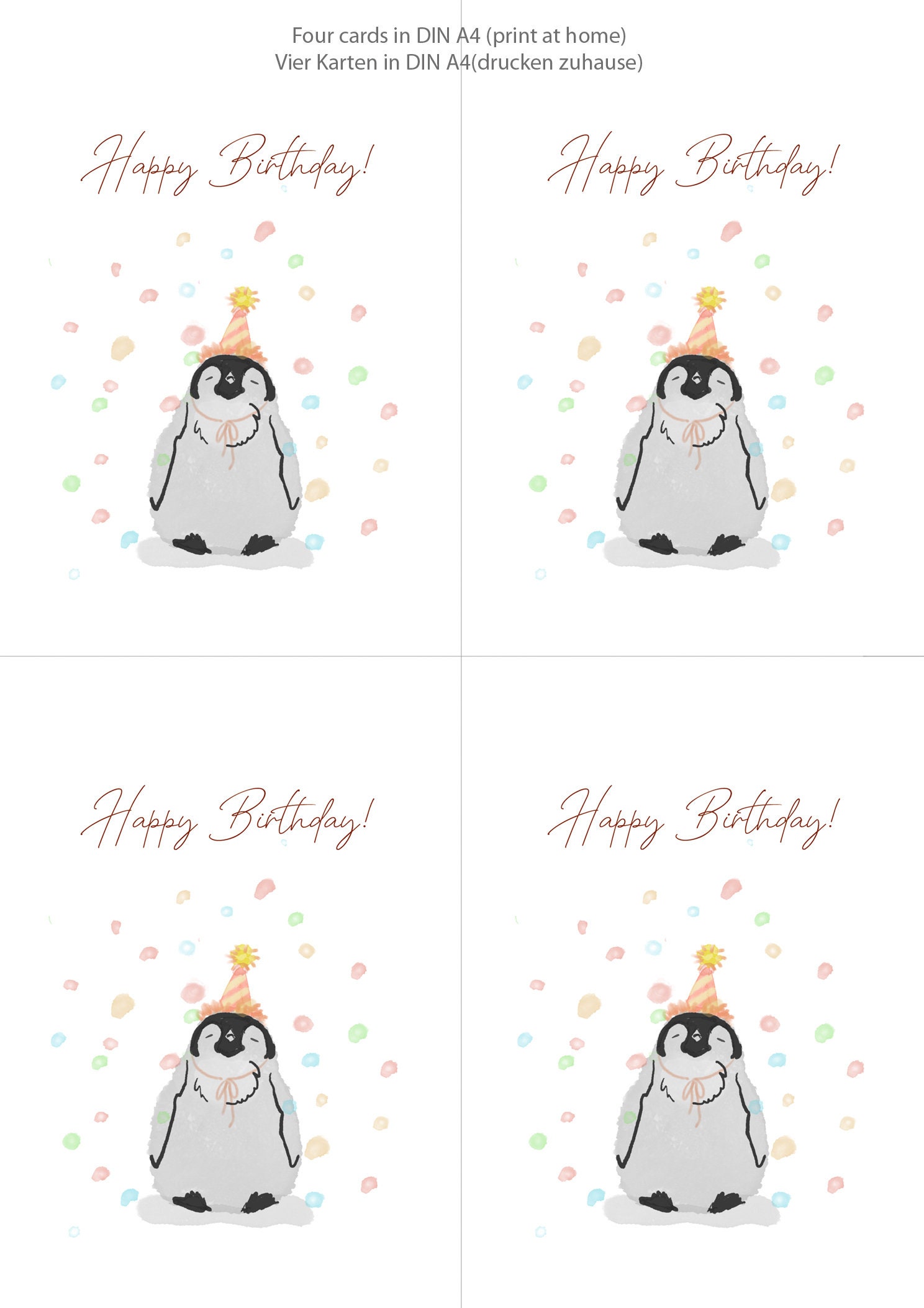 Printable Birthday Card With Penguin, DIN A5 Folding Card, Postcard DIN ...