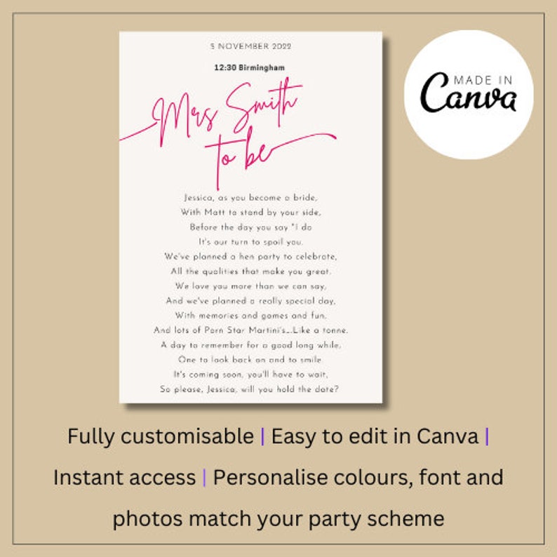 Hen Bachelorette Party Poem Invitation Template for the Bride Temp ...