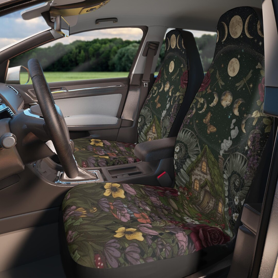 Boho Witchy Moon Fern Car Seat Cover, Green Floral Bucket Seat Cover ...