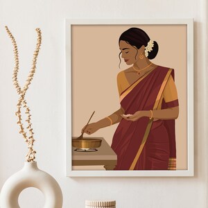 Indian Woman in Saree Cooking Art, Indian Mom Cooking Poster, Desi Art ...