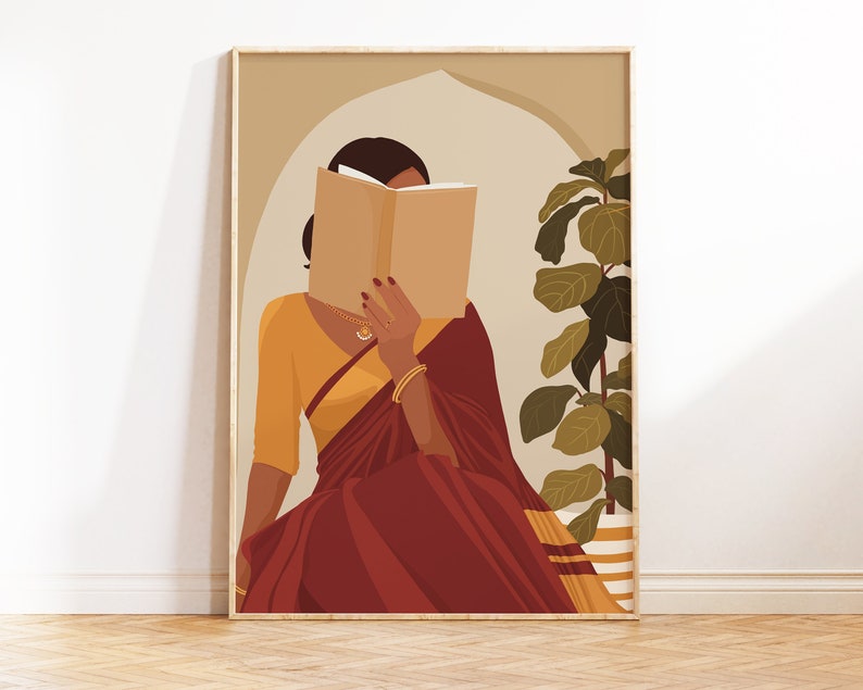 Indian Women in Saree Reading Book Art Desi Art Book Lovers - Etsy