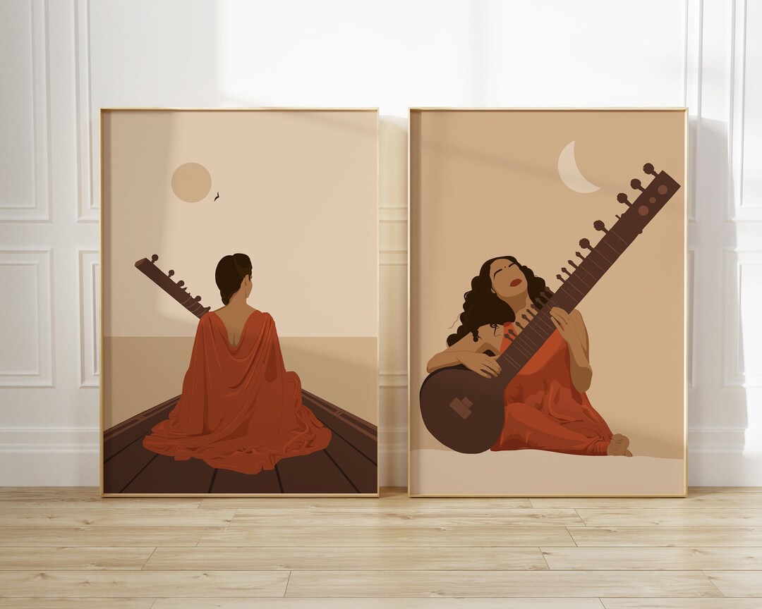 Set of 2 Indian Woman Playing Sitar Art, Desi Art, Indian Art, South ...