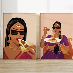 Indian Woman Eating Pizza Art, Indian Food Lover, Desi Art, South Asian ...