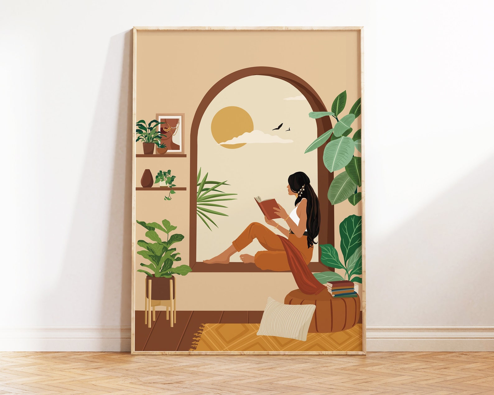 Modern Indian Woman Reading Book Art, Boho Art, Desi Art, Indian Book ...