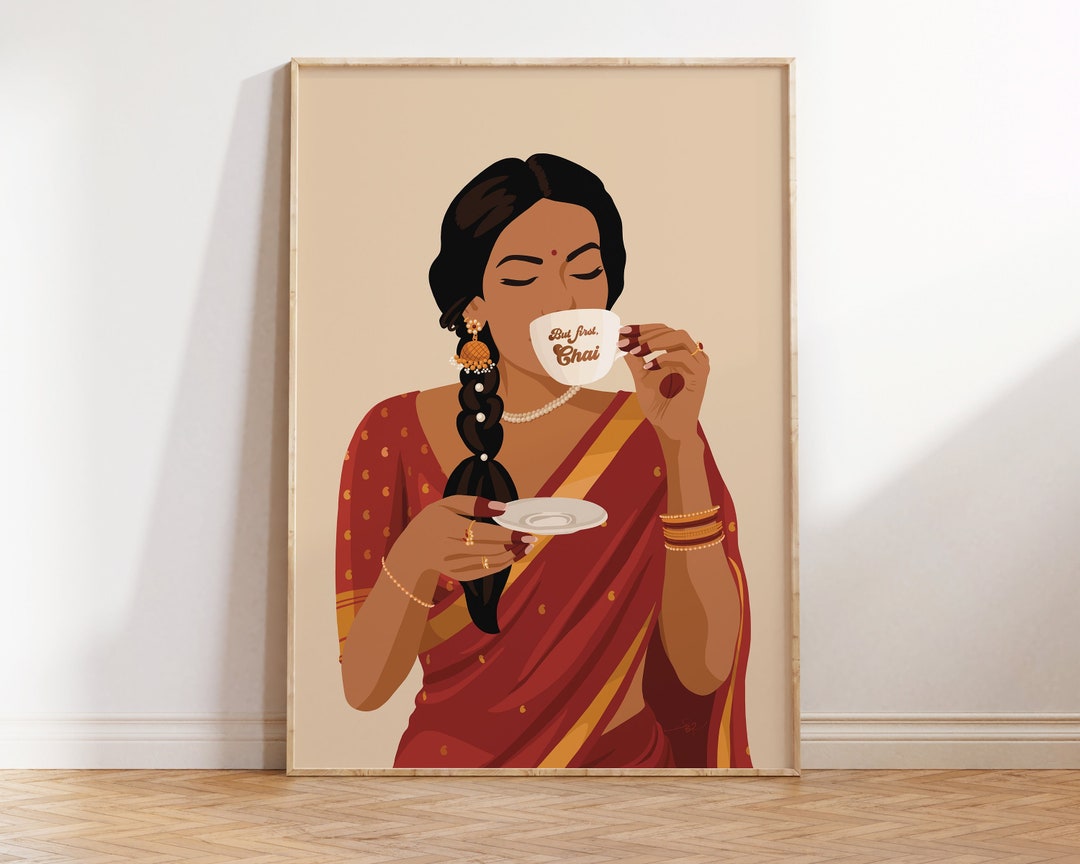 Indian Woman Drinking Chai Art, Desi Art, Indian Wall Art, Coffee Lover ...