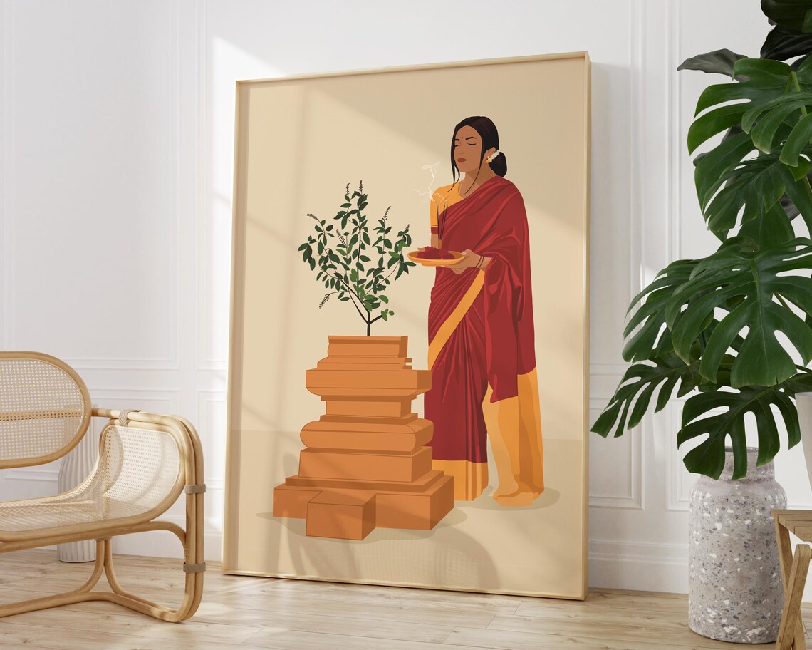 Tulsi Pooja Art, Tulsi Plant Art, Desi Art, Tamil Art, South Indian ...