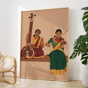 Indian Sisters Playing Violin and Tanpura Art, Desi Art, South Indian ...