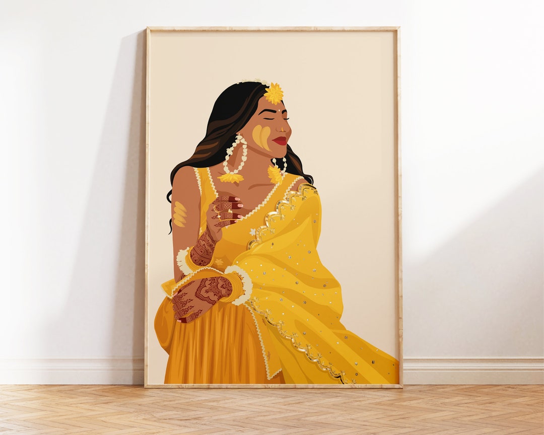 Indian Bride Haldi Art, Haldi Art, Indian Wedding Invite Art, Desi ...