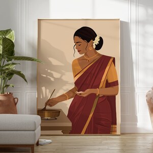 Indian Woman in Saree Cooking Art, Indian Mom Cooking Poster, Desi Art ...