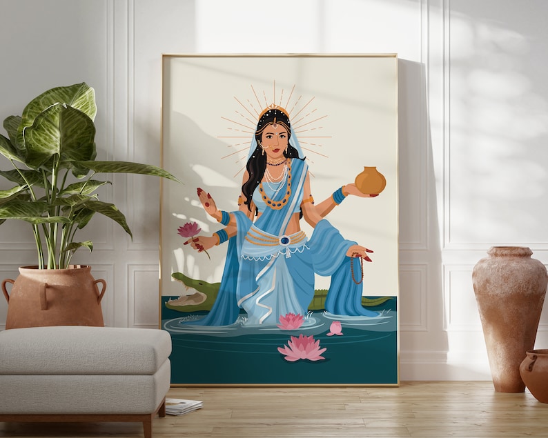 Goddess Ganga Devi Mata on Crocodile Art, Shri Gangaji, Hindu Divine Mother Goddess Ganga, Holy ...