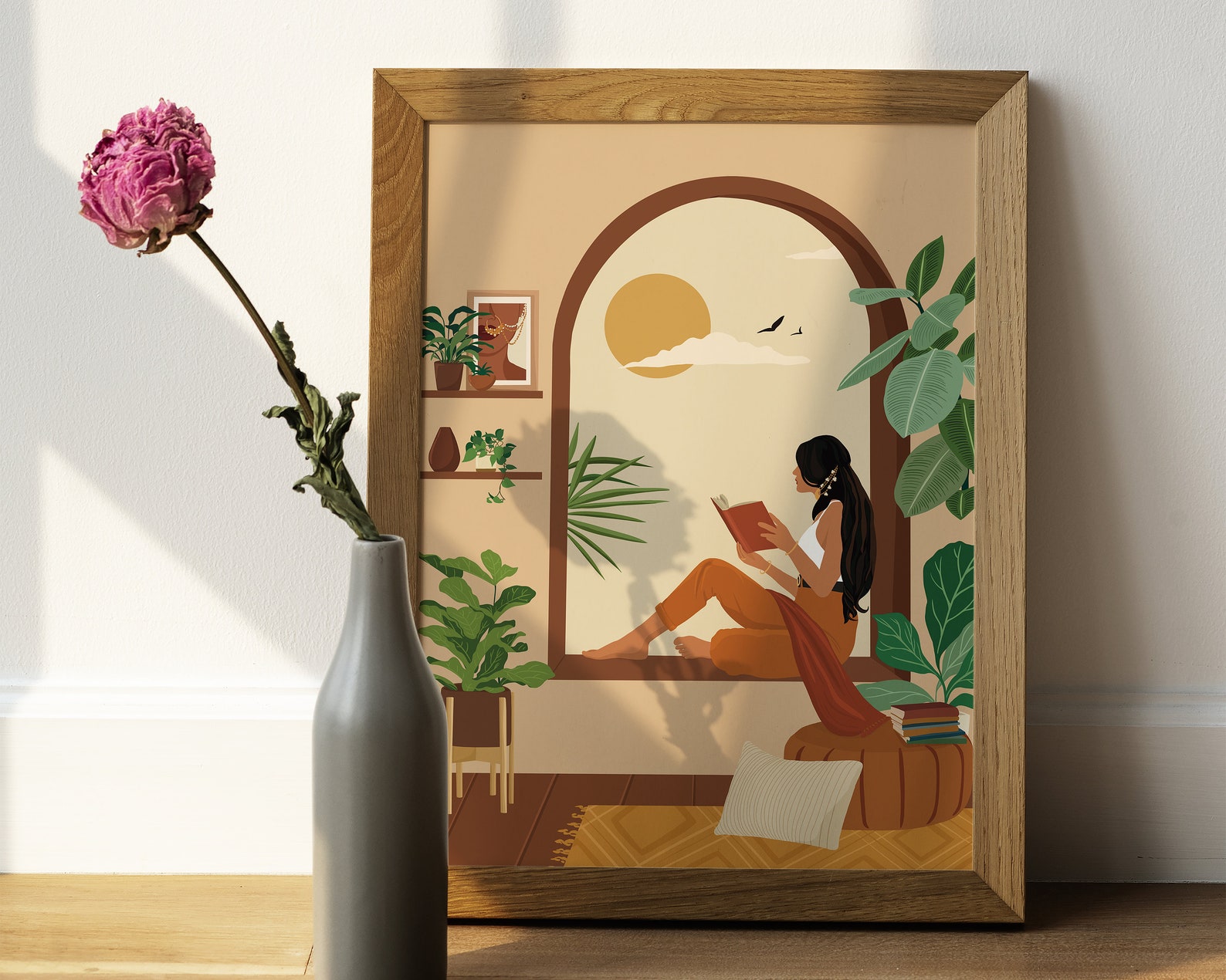 Modern Indian Woman Reading Book Art, Boho Art, Desi Art, Indian Book ...