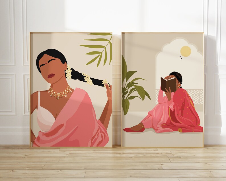 Desi Art Indian Art Modern Indian Woman in Saree Art Brown - Etsy