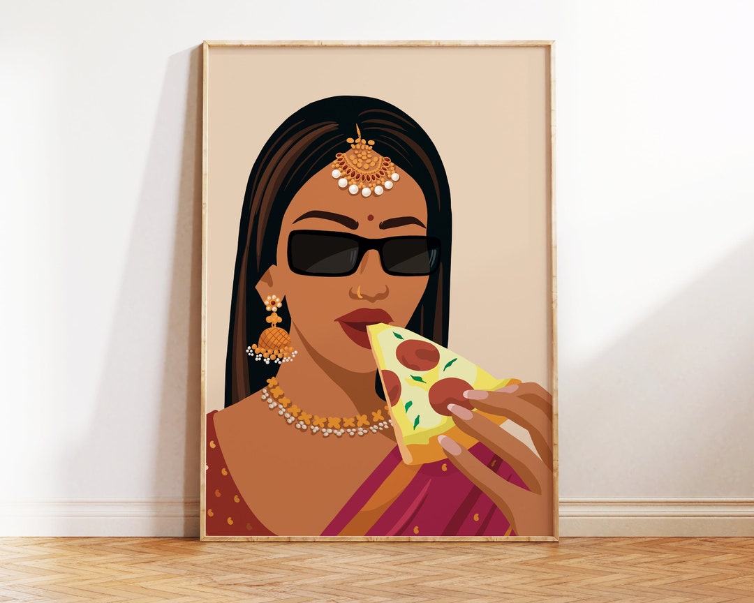 Indian Woman Eating Pizza Art, Indian Food Lover, Desi Art, South Asian ...