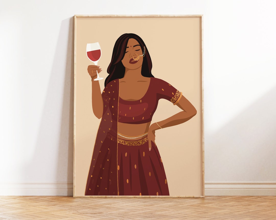 Modern Indian Woman Drinking Art, Desi Art, Indian Wall Art, South ...