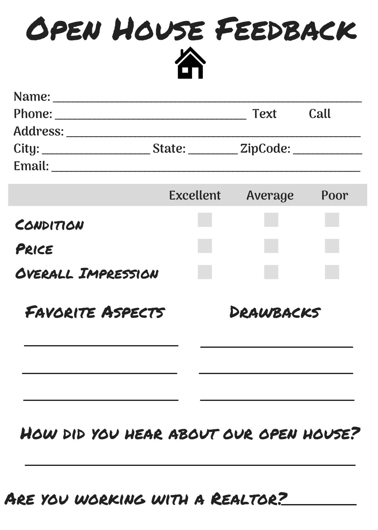 Open House Feedback - Printable - Real Estate - Etsy