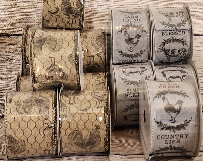 2.5 Country Wired Ribbon Chicken Wire or Farm Animal Wired Ribbon 10 Yd ...