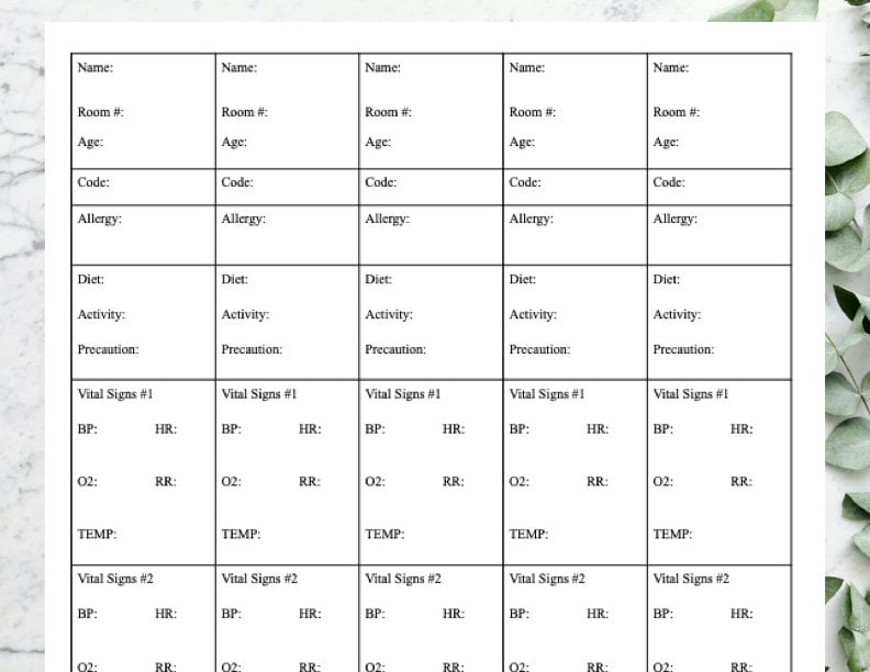 CNA/PCT/AIDE Report Sheet for 5 Patients| Instant Download & Printable ...