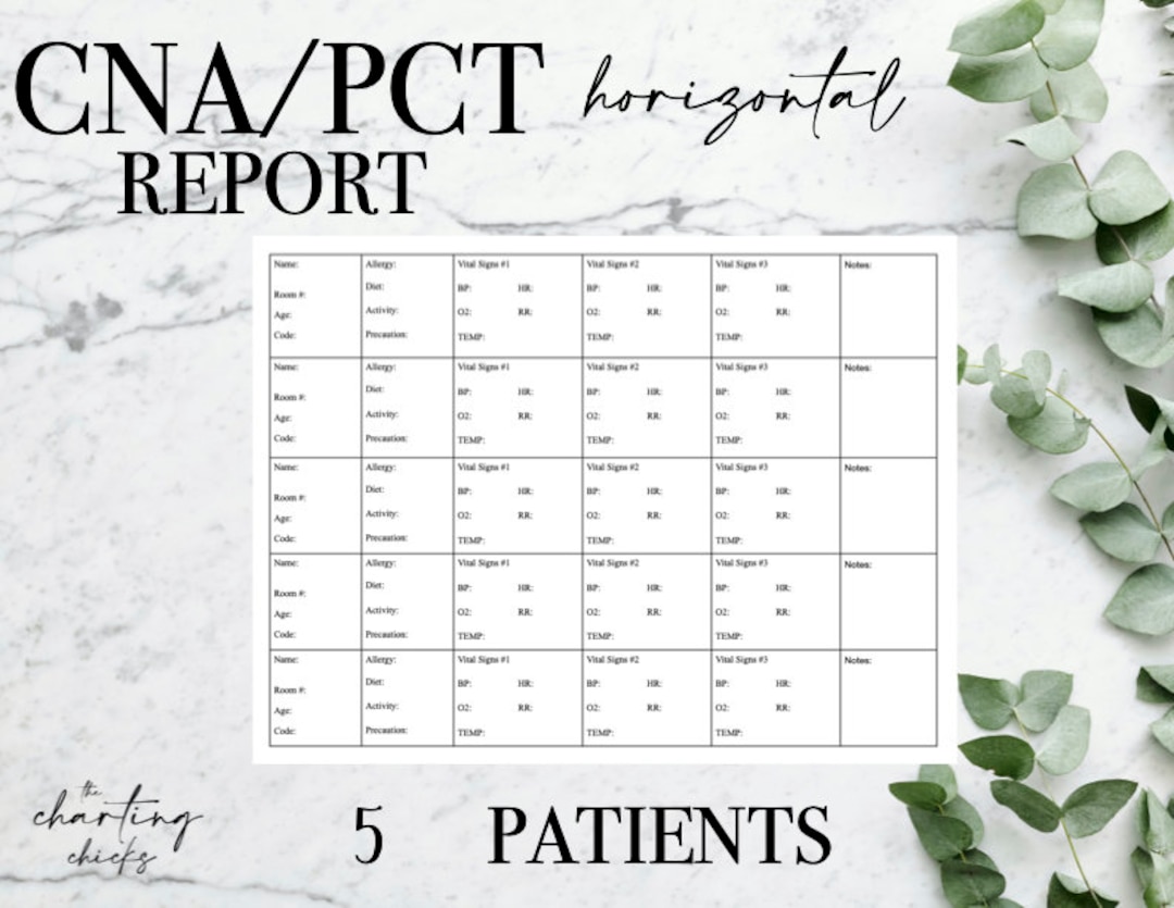 Horizontal CNA/PCT/AIDE Report Sheet for 5 Patients | Instant Download ...