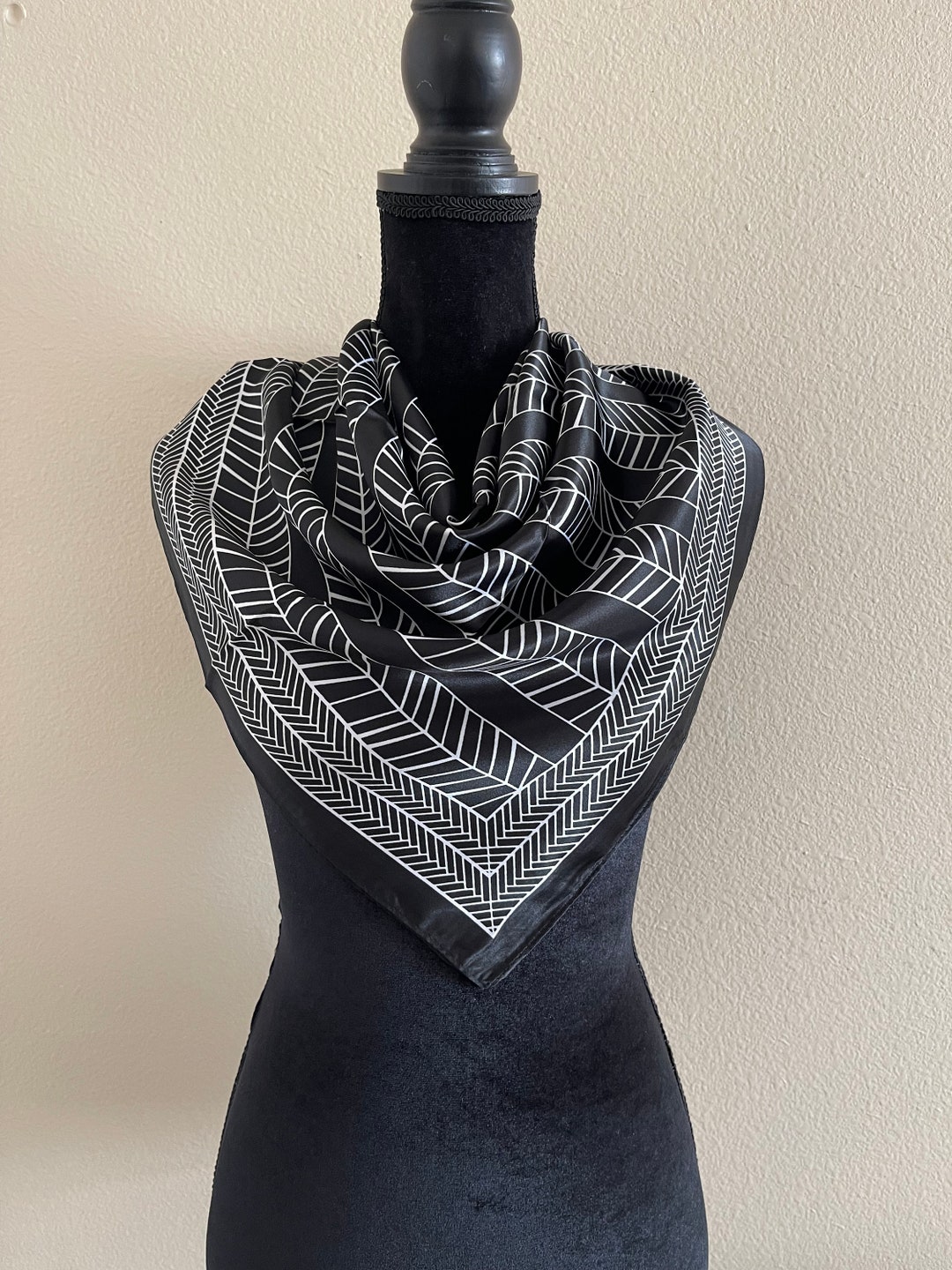 Geometric Scarf - Black Silk Scarf - Women Scarf - Vintage Scarf ...