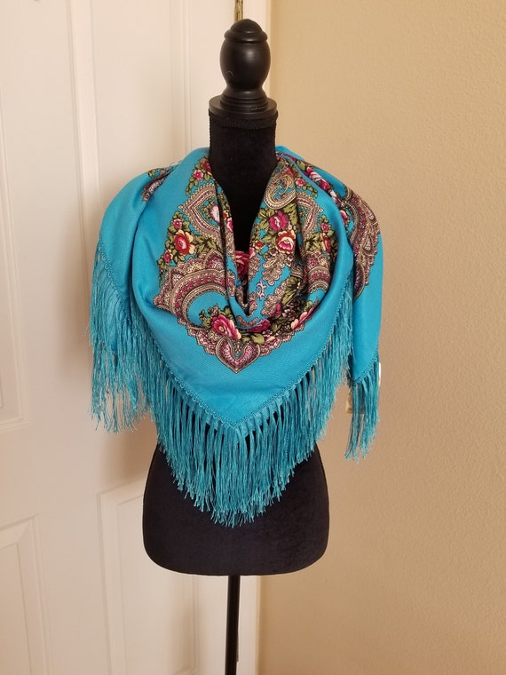 Vintage soviet lurex wool shawl russian black scarf with floral print ...
