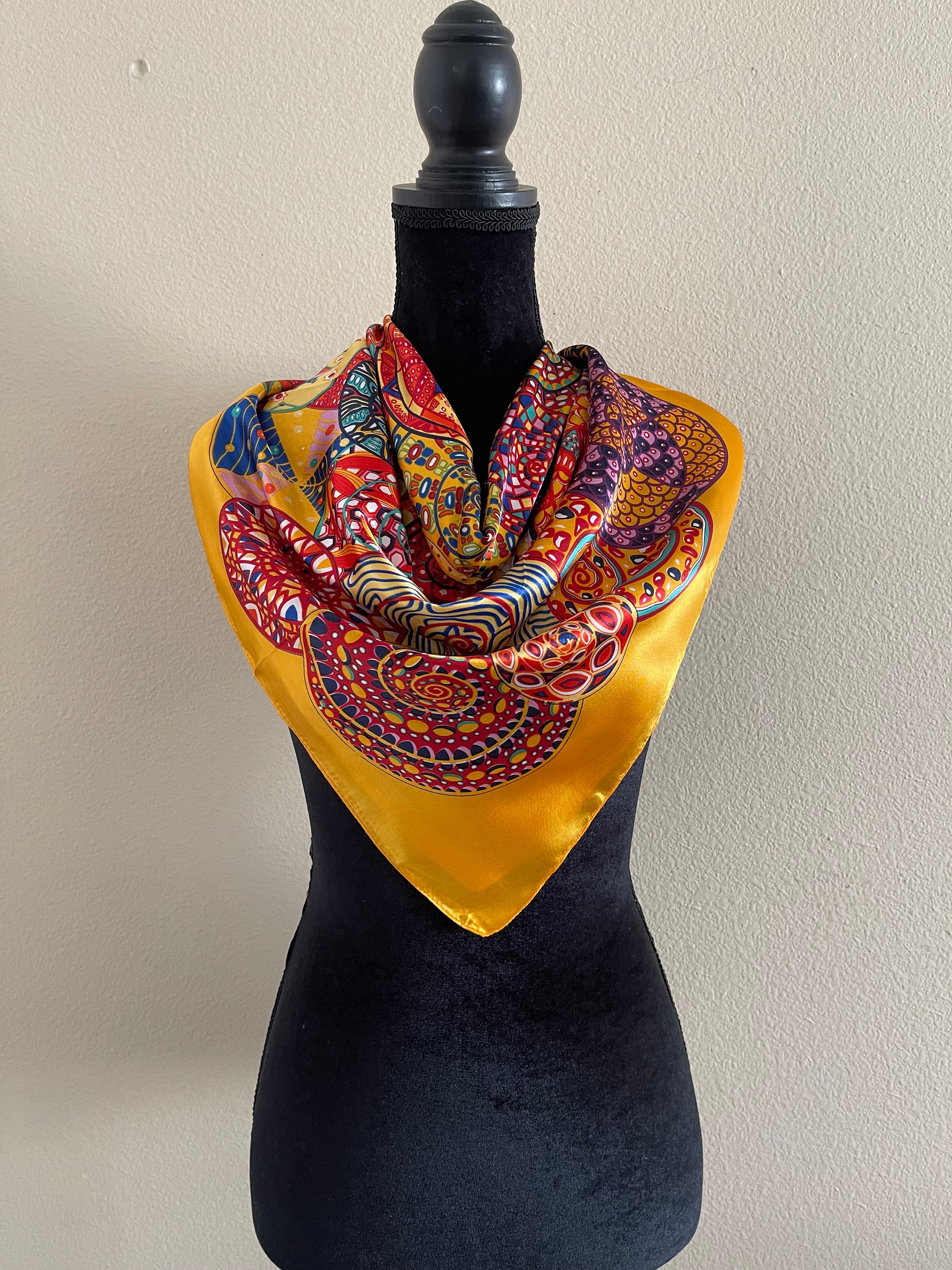 Yellow Scarf Women Scarf Head Silk Scarf Vintage Scarf 80s Vintage Silk ...