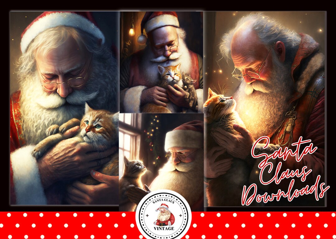 INSTANT DOWNLOAD Vintage Santa Claus Cats, Digital Painting, Vintage ...