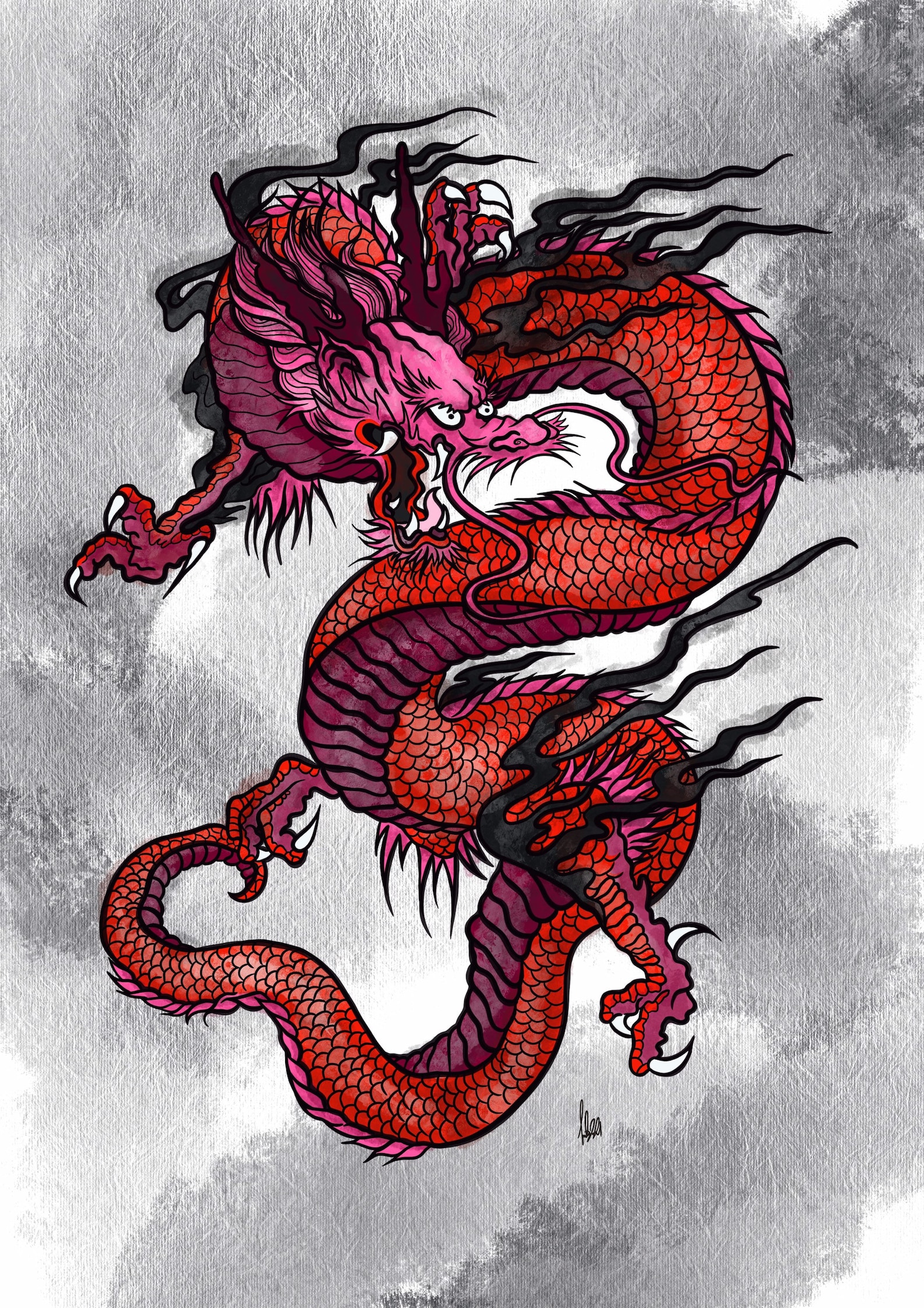 Japanese Style Red & Pink Dragon on A4 Gloss Print by Frida Designs - Etsy