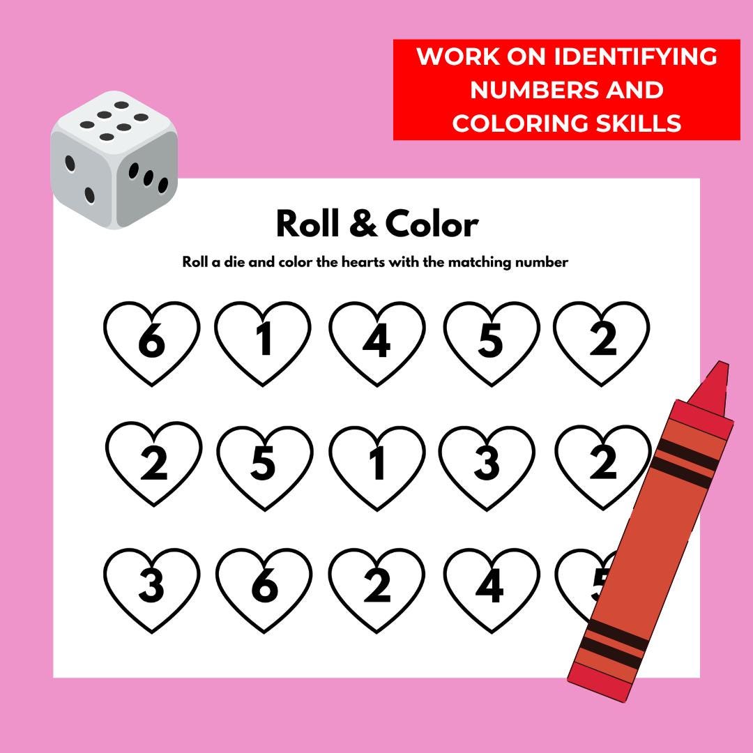 Roll and Color Heart Printable Kids Numbers Game Valentine's Day Math ...