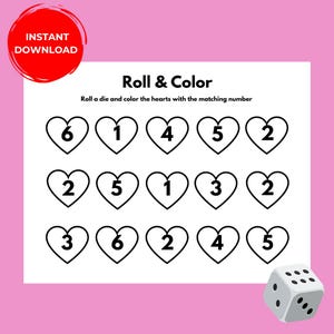 Roll and Color Heart Printable Kids Numbers Game Valentine's Day Math ...