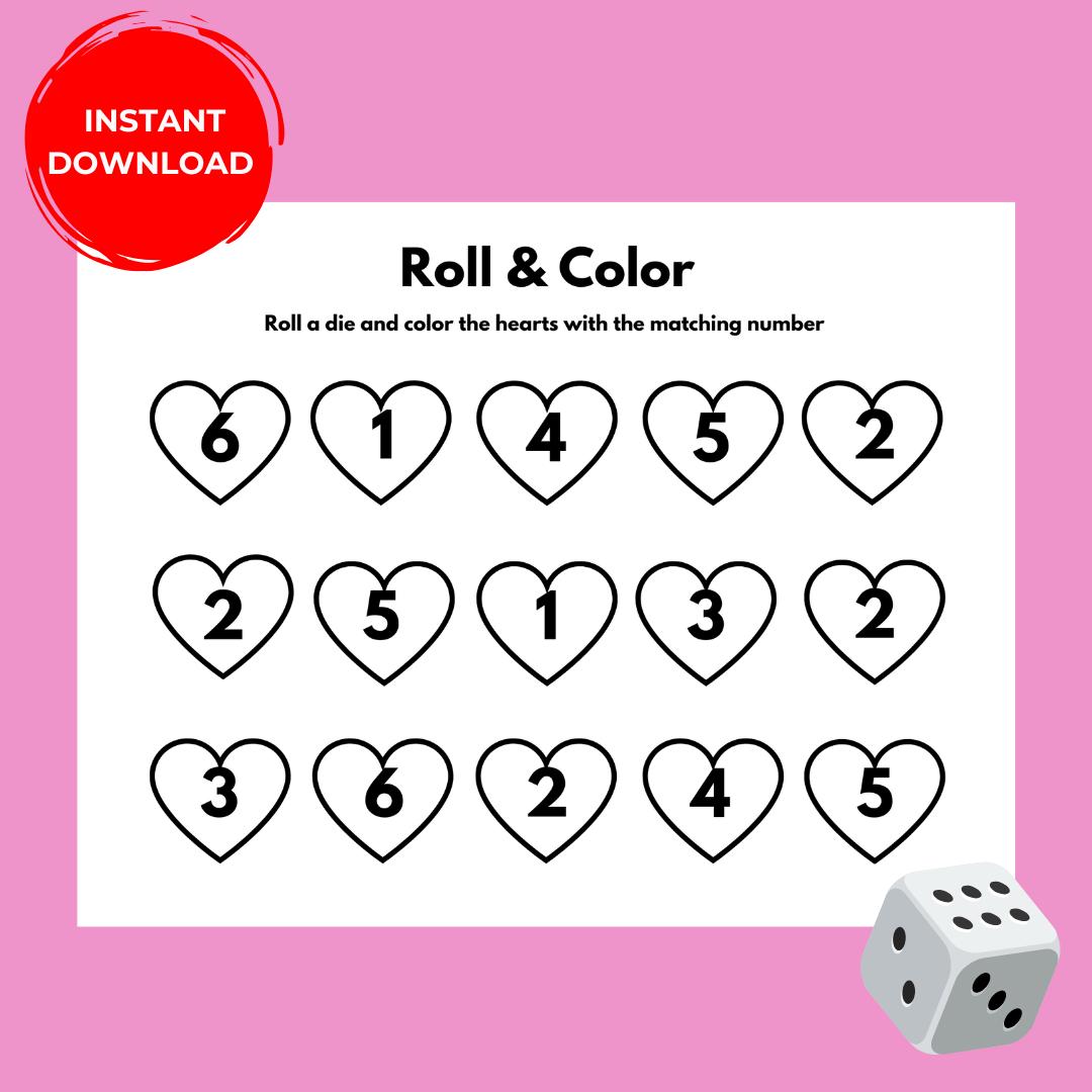 Roll and Color Heart Printable Kids Numbers Game Valentine's Day Math ...