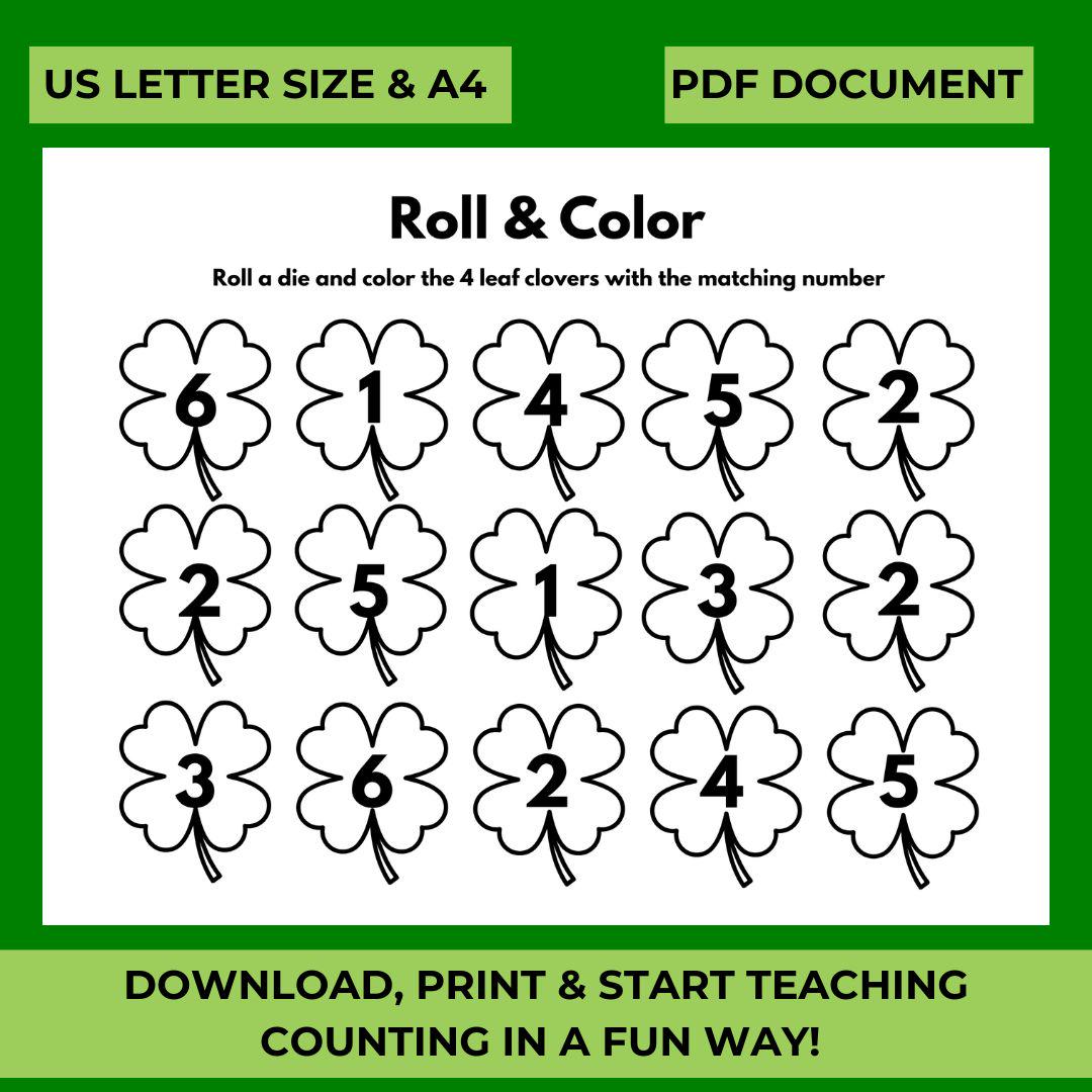 Roll and Color 4 Leaf Clover Printable Kids Numbers Game St. Patrick's ...