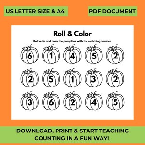 Roll and Color Pumpkin Printable Kids Numbers Game Fall Math Activity ...
