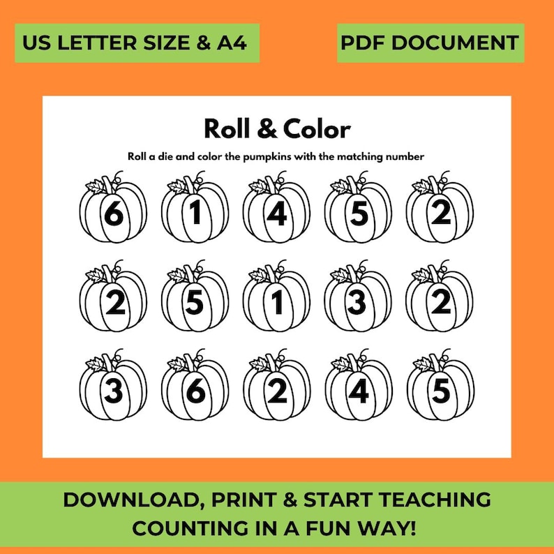 Roll and Color Pumpkin Printable Kids Numbers Game Fall Math Activity ...