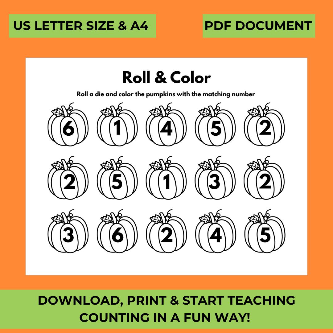 Roll and Color Pumpkin Printable Kids Numbers Game Fall Math Activity ...