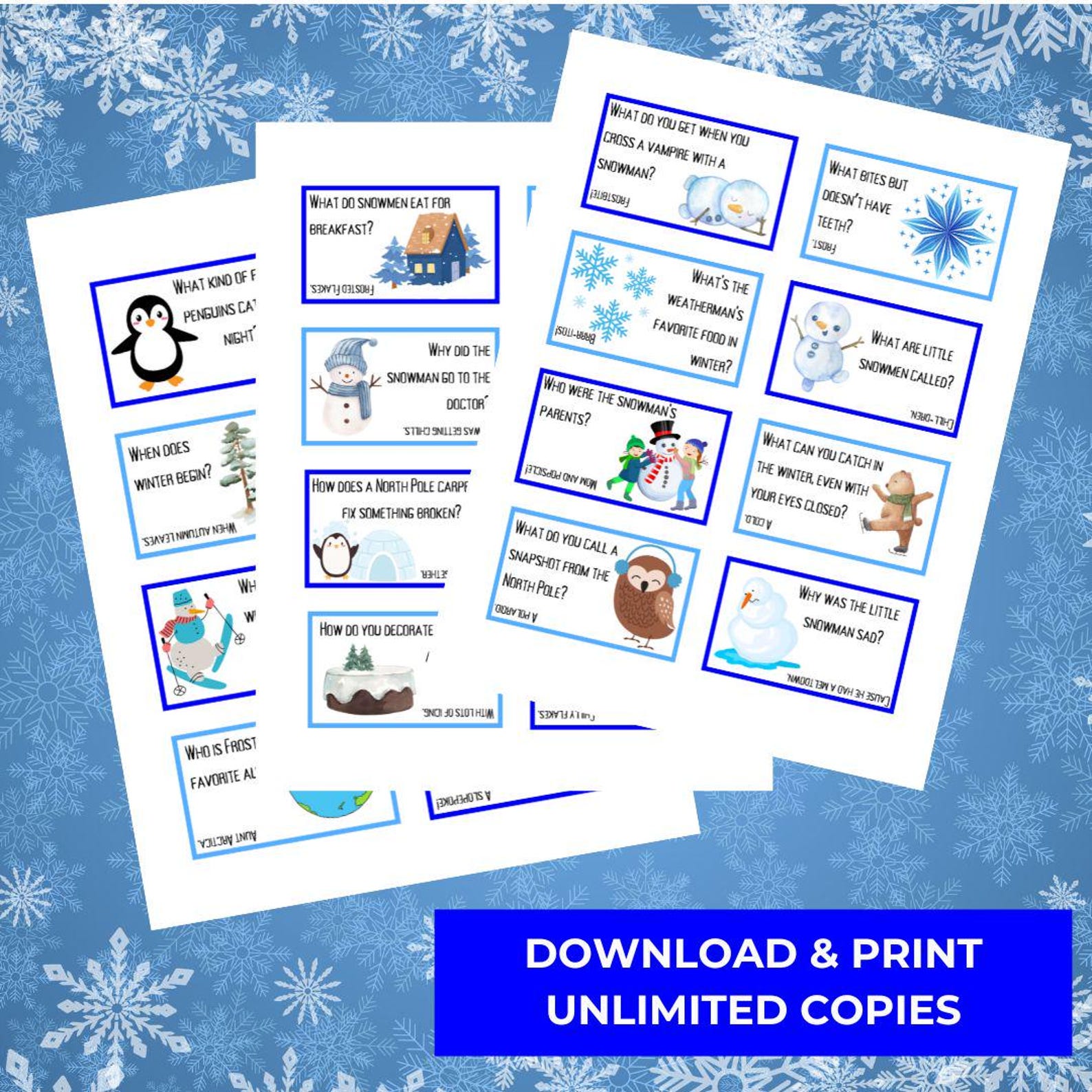 Winter Joke Cards Kid Lunchbox Jokes Winter Lunchox Notes for Kids ...