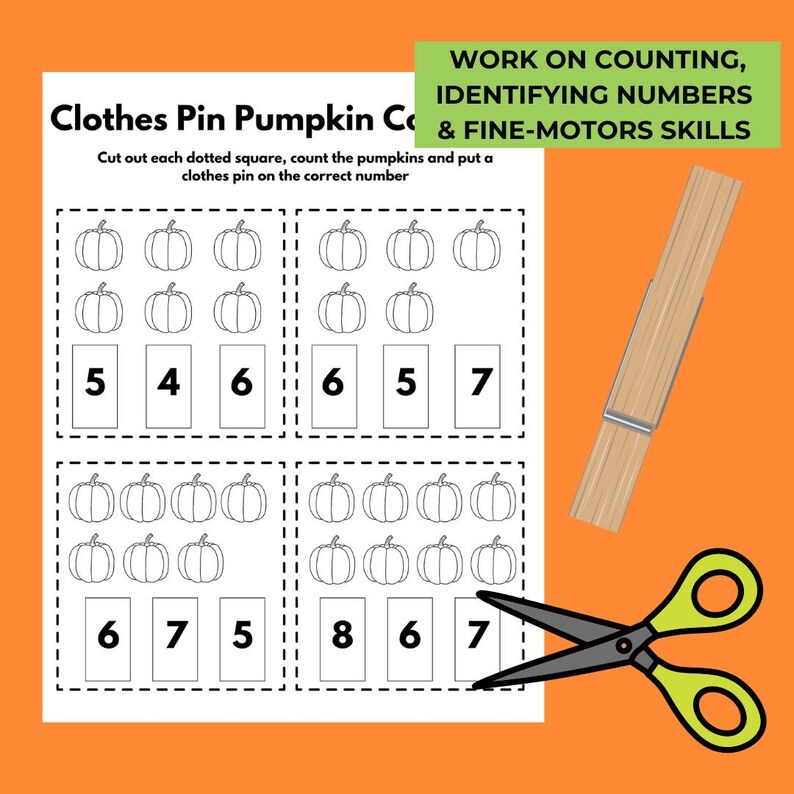 Clothes Pin Pumpkin Counting Preschool Pumpkin Worksheets Teach Numbers ...