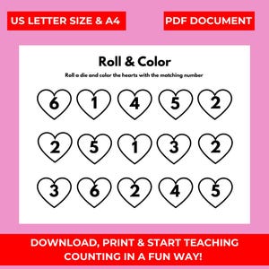 Roll and Color Heart Printable Kids Numbers Game Valentine's Day Math ...