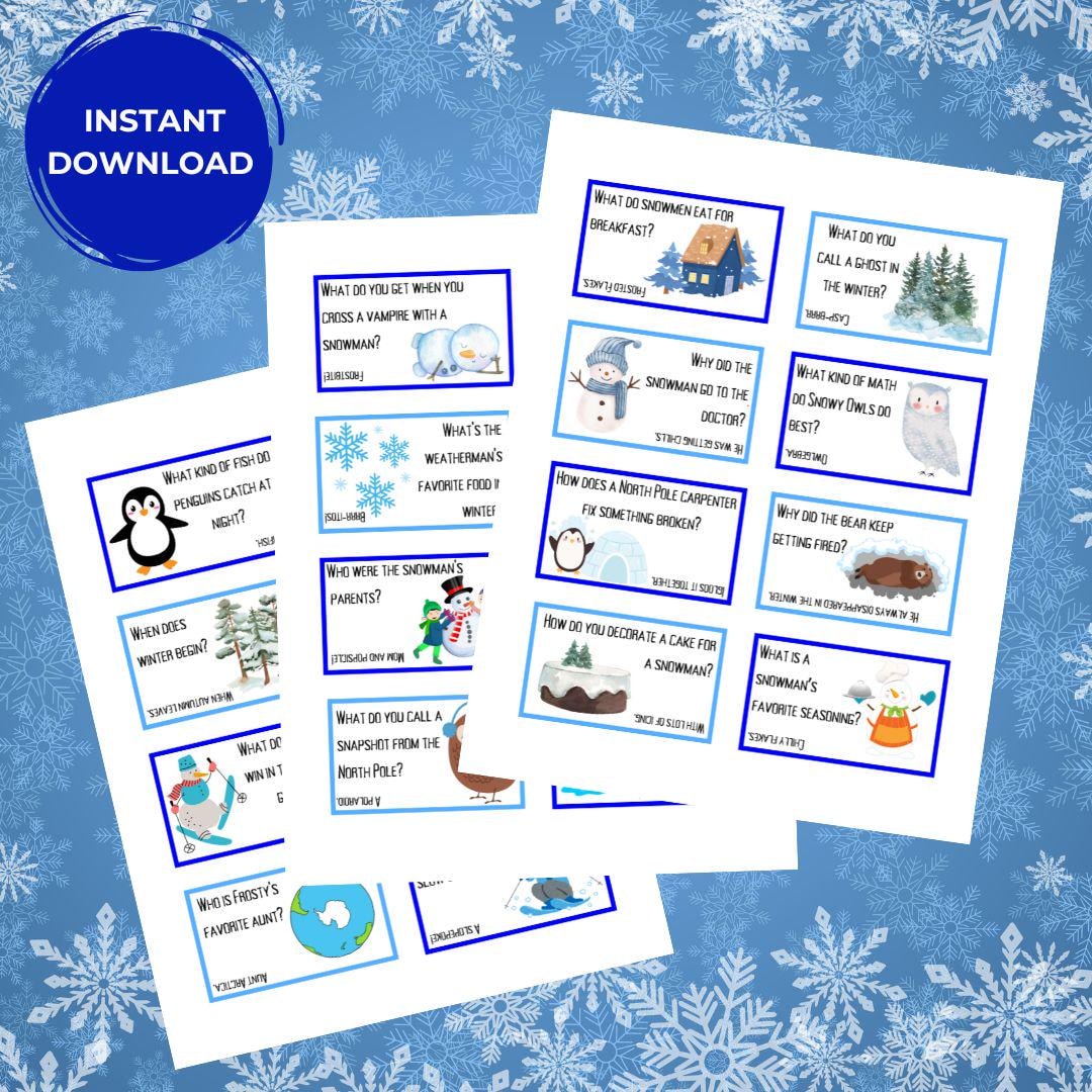 Winter Joke Cards Kid Lunchbox Jokes Winter Lunchox Notes for Kids ...