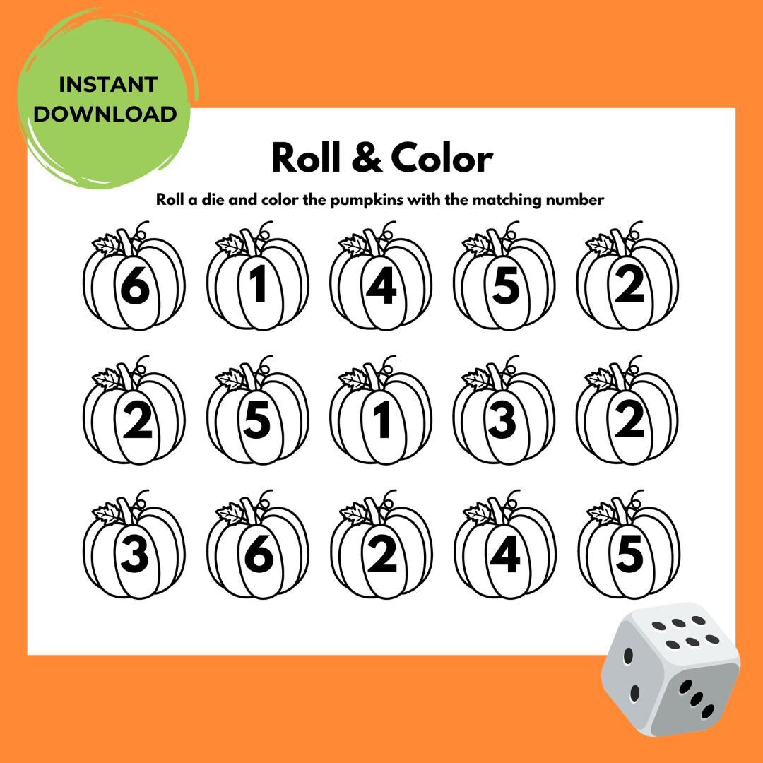 Roll and Color Pumpkin Printable Kids Numbers Game Fall Math Activity ...