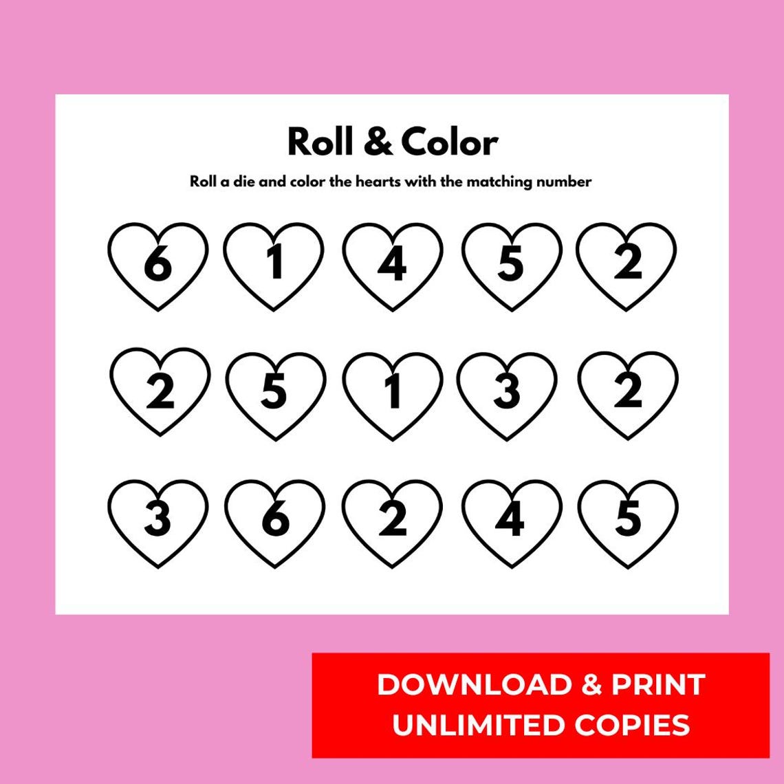 Roll and Color Heart Printable Kids Numbers Game Valentine's Day Math ...