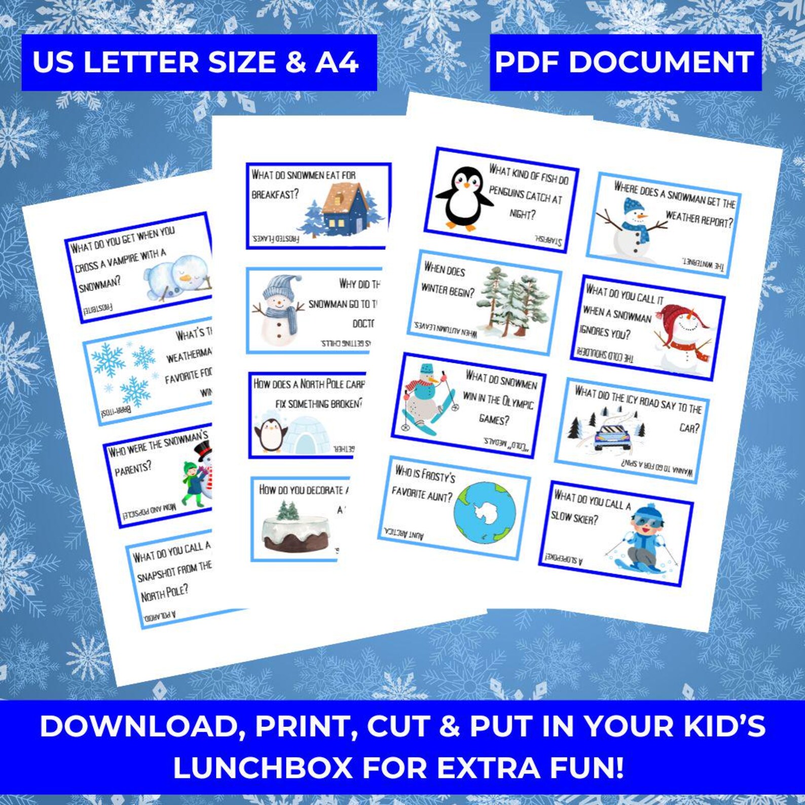 Winter Joke Cards Kid Lunchbox Jokes Winter Lunchox Notes for Kids ...