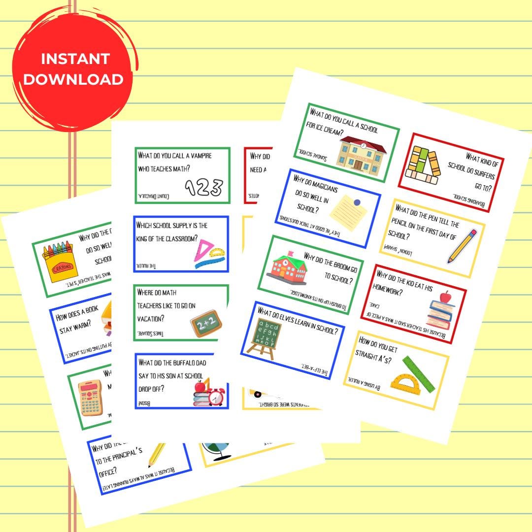 Back to School Joke Cards Kid Lunchbox Jokes Back to School Lunchbox ...