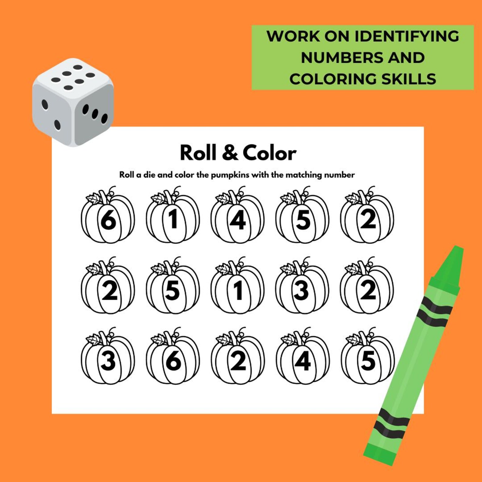 Roll and Color Pumpkin Printable Kids Numbers Game Fall Math Activity ...