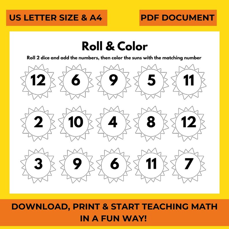 Roll and Color Spring Printable Kids Numbers Game Spring Summer Math ...