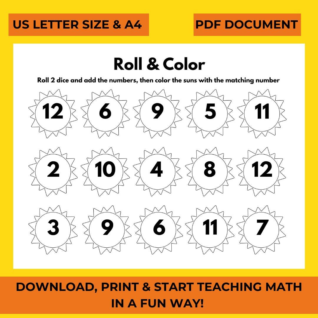 Roll and Color Spring Printable Kids Numbers Game Spring Summer Math ...