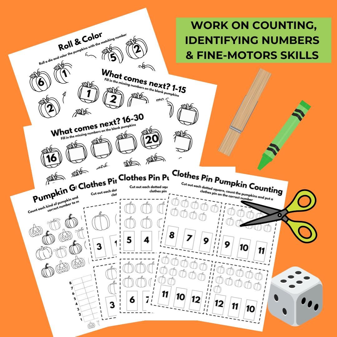 Fall Preschool Kindergarten Pumpkin Counting Numbers Learning Bundle ...